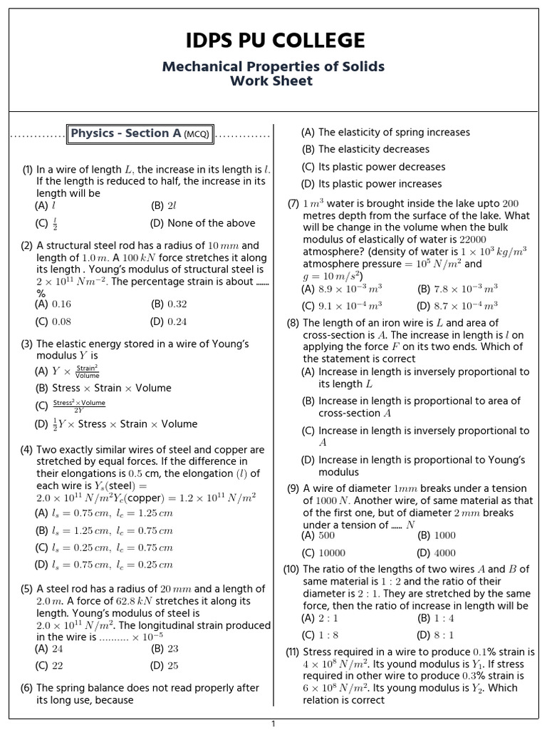 Mechanical Properties of Solids Work Sheet Qp | PDF | Young's Modulus | Elasticity (Physics)
