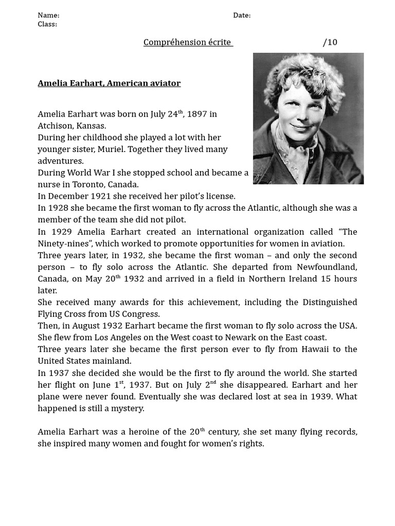 TEST CE Bio Amelia Earhart | PDF | Aviators | Aviation