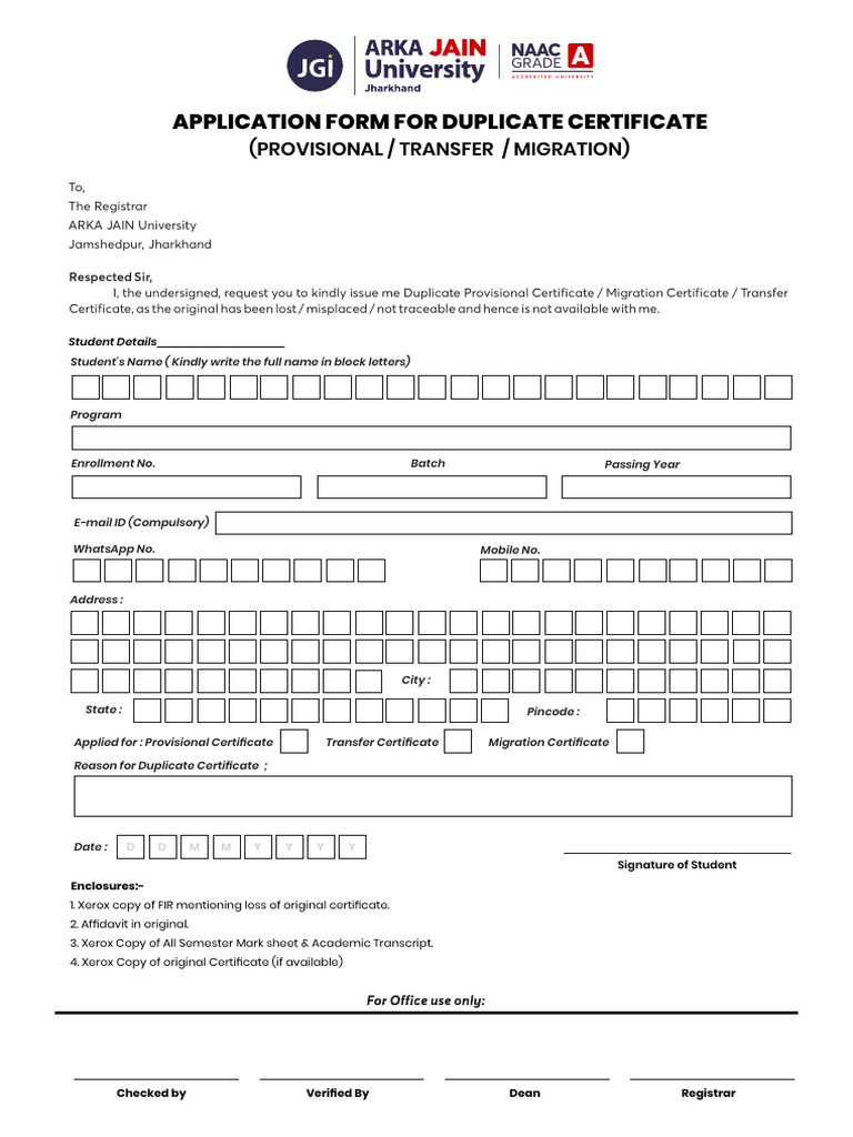 Application Form For Obtaining Duplicate Certificate 1 | PDF