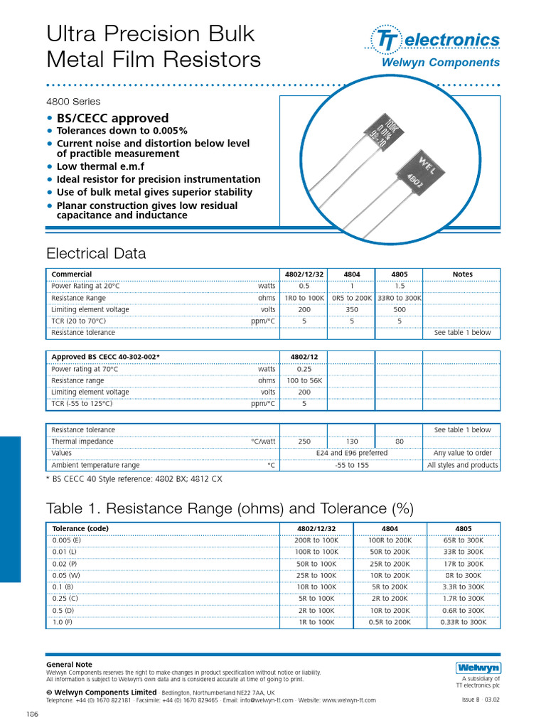Ultra Precision Bulk Metal Film Resistors: Electrical Data | PDF ...