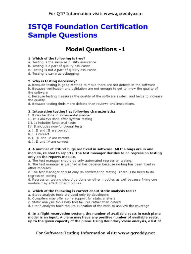 ISTQB Foundation Certification Sample Questions | PDF | Software ...