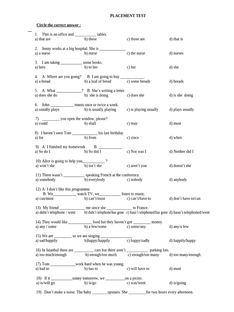 Placement Test Worksheet | PDF
