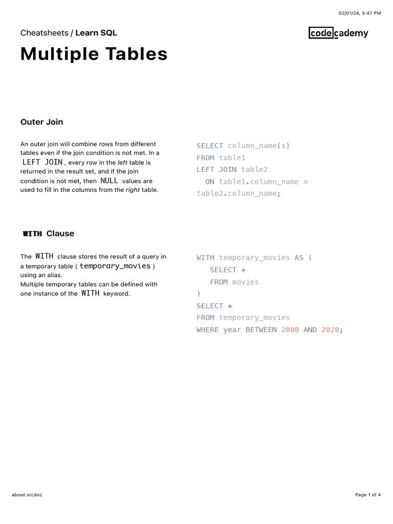 Multiple Tables Cheatsheet - Codecademy | PDF | Table (Database) | Data ...