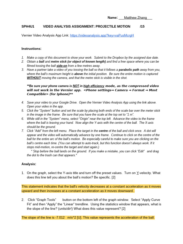 Assignment V2 Projectile Motion Pdf Acceleration Velocity
