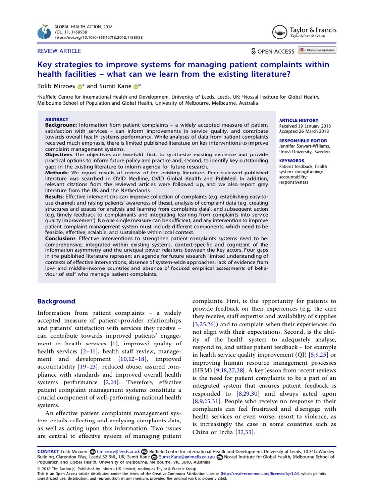 Improving Patient Complaint Management | PDF | Systematic Review | Pub Med