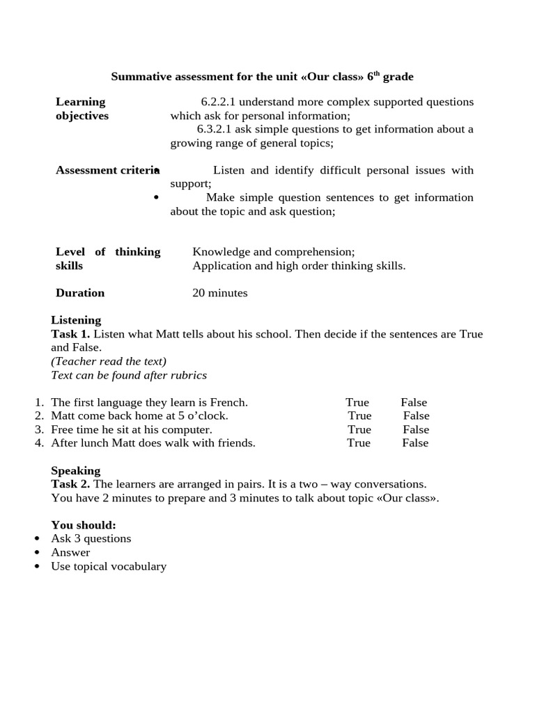 Summative Assessment for the Unit «Our Class» 6th Grade | PDF ...