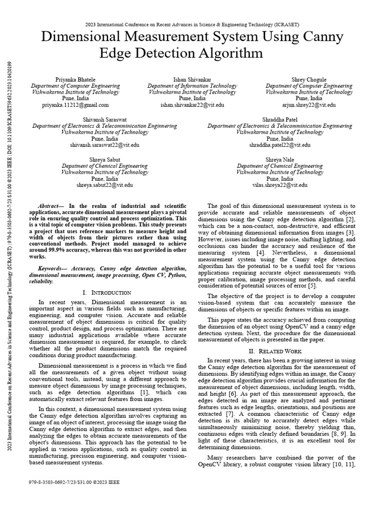 Dimensional Measurement System Using Canny Edge Detection Algorithm | PDF | Computer Vision ...