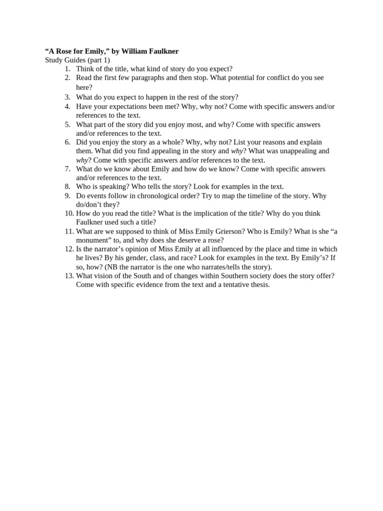 Week 2 Faulkner, A Rose For Emily Study Questions | PDF