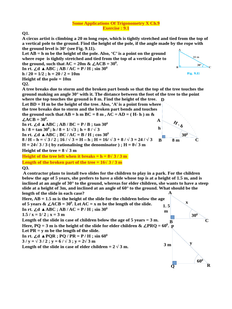 Some Application of Trigonometry Ch.9 Ex. Solutions | PDF | Elementary ...