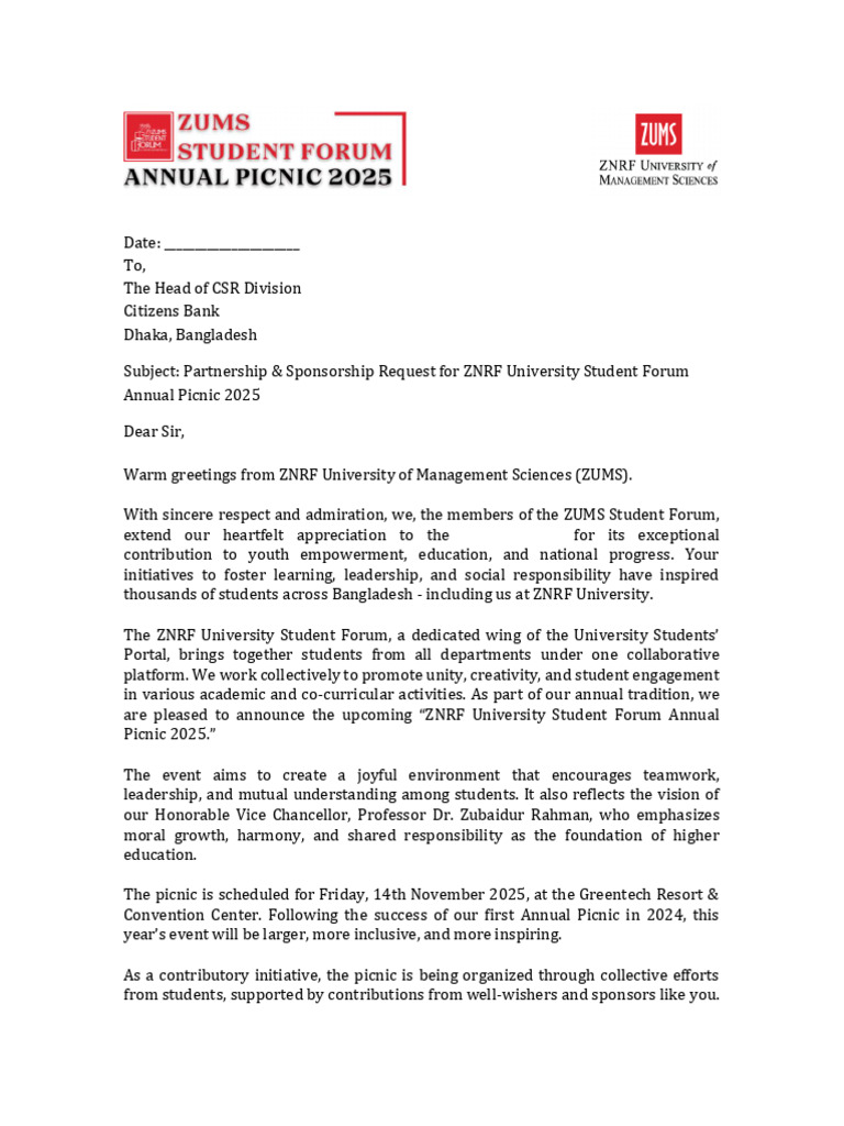 Citizens Bank Sponsorship Letter 2025 | PDF