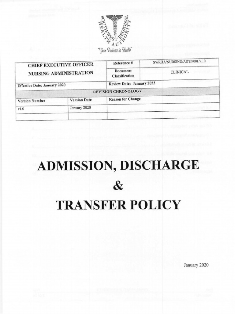 Admission, Discharge and Transfer Policy | PDF