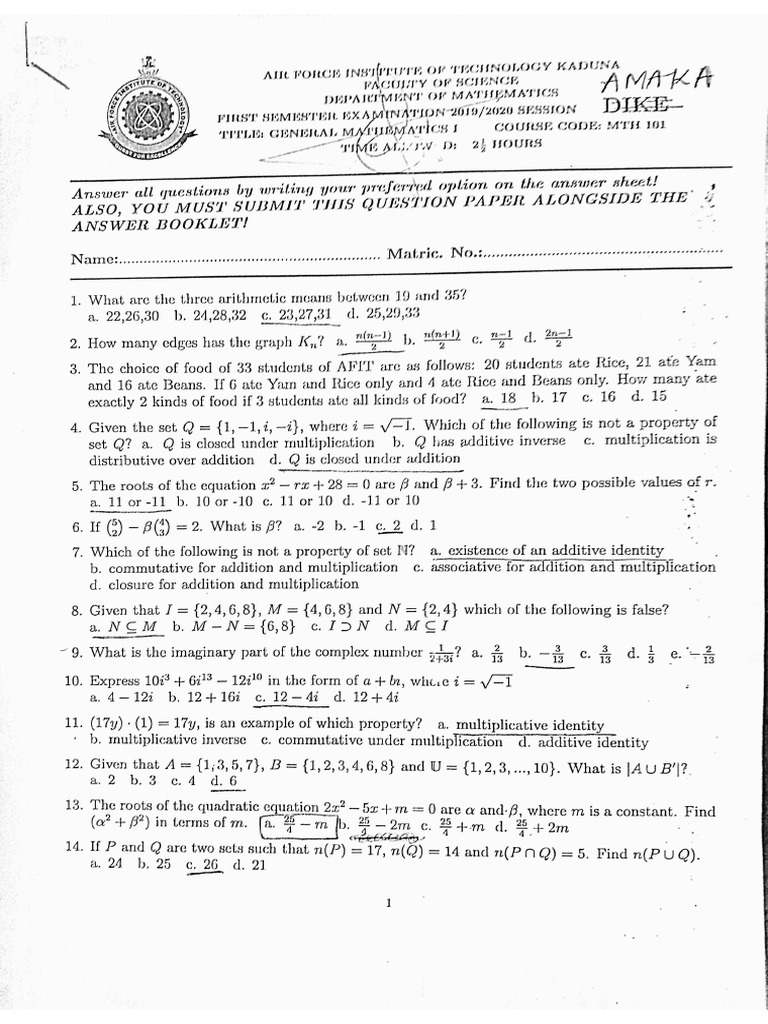 MTH 101 Past Questions-1 | PDF