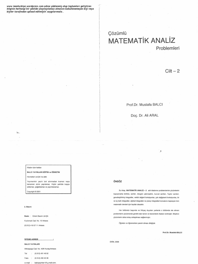 Cozumlu Matematik Analizi Problemleri Cilt 2mustafa Balci Mat 3 | PDF