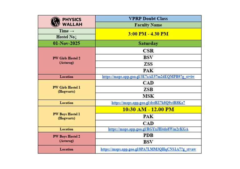 VPRP Doubt Schedule - 1.11.2025 | PDF