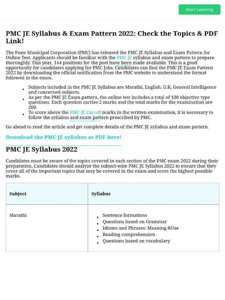 PMC JE Syllabus & Exam Pattern 2022 - Check The Topics & PDF Link! | PDF
