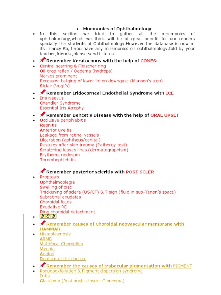 Ophthalmology Mnemonics | PDF | Human Eye | Glaucoma