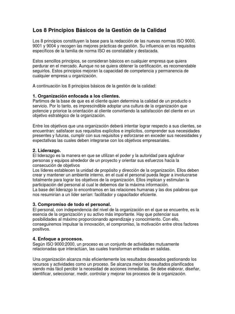 Los 8 Principios Básicos de La Gestión de La Calidad | PDF | Gestión de ...