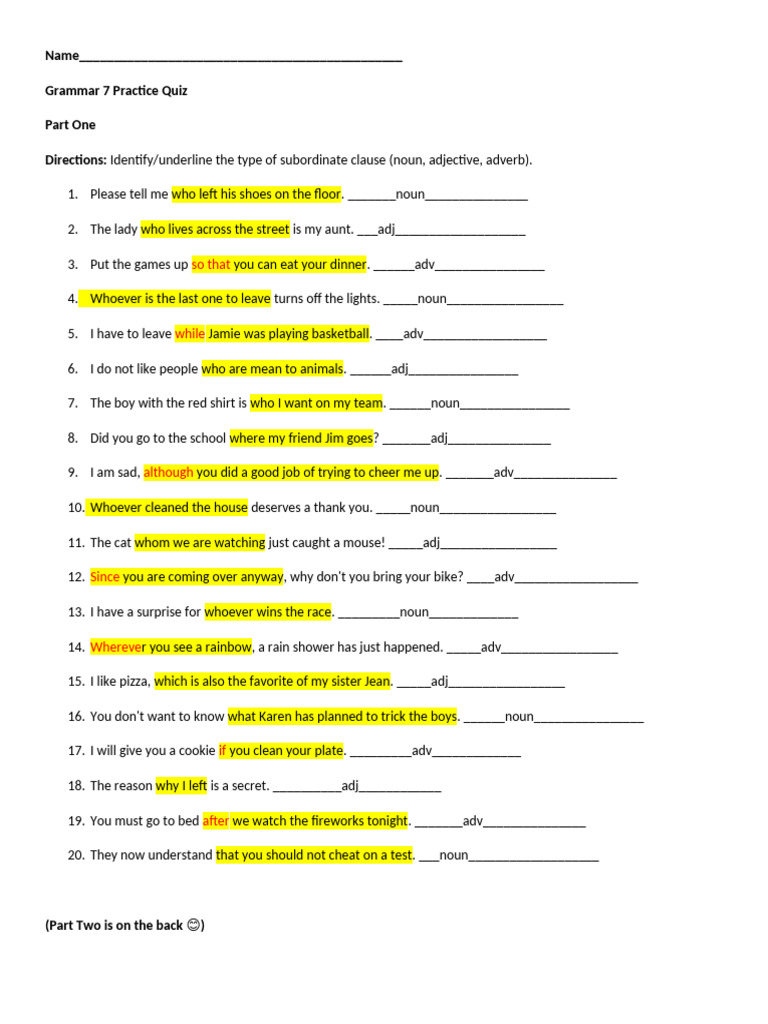 Grammar 7 Subordinate Clause Quiz | PDF | Clause | Predicate (Grammar)