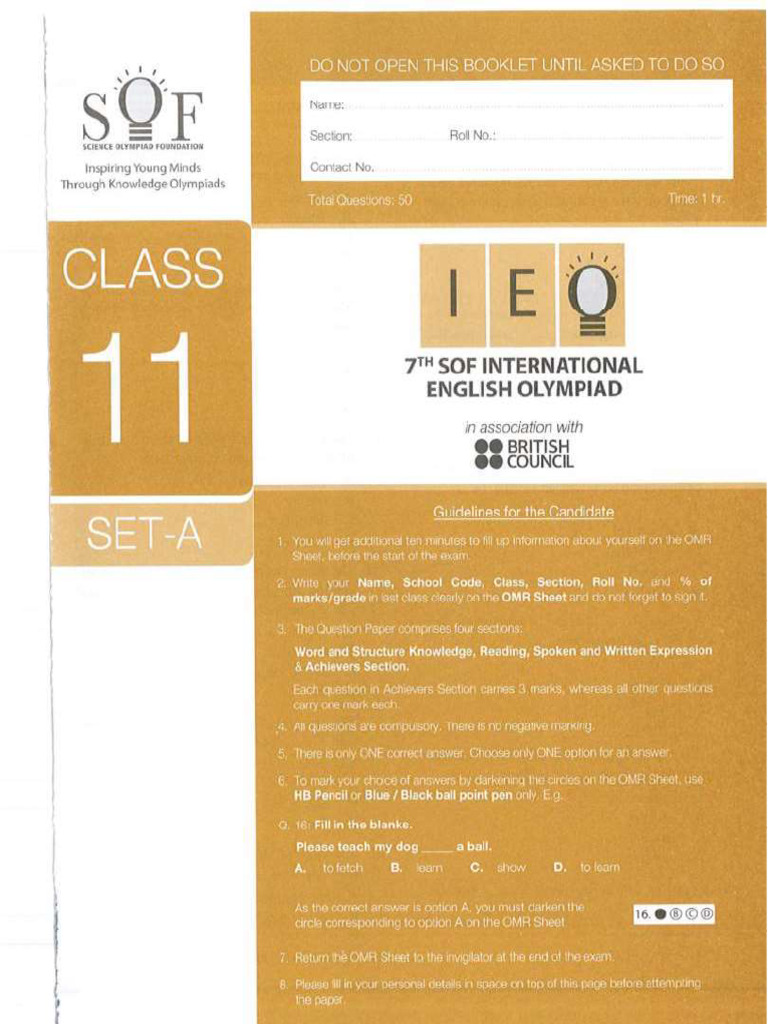 IEO 7th SOF Set-A Class-11 | PDF