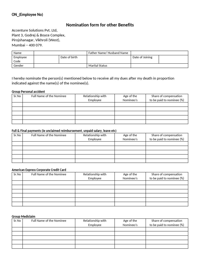Employee Nomination Form for Benefits | PDF | Employment | Labor