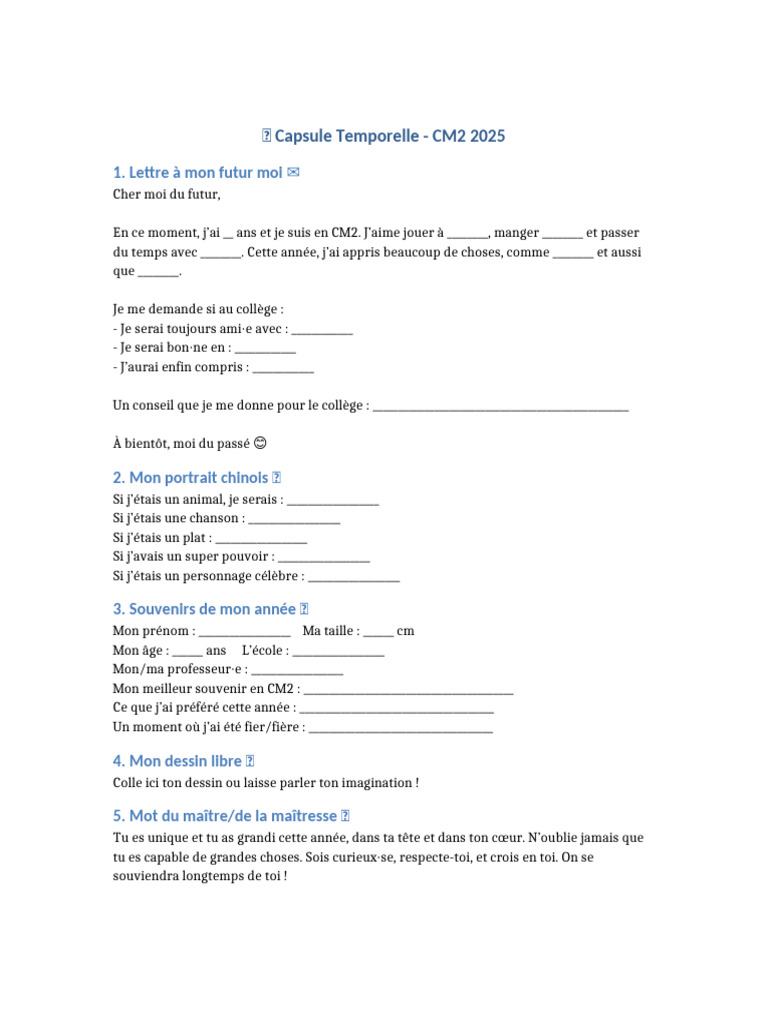 Capsule Temporelle CM2 : Souvenirs et Rêves | PDF
