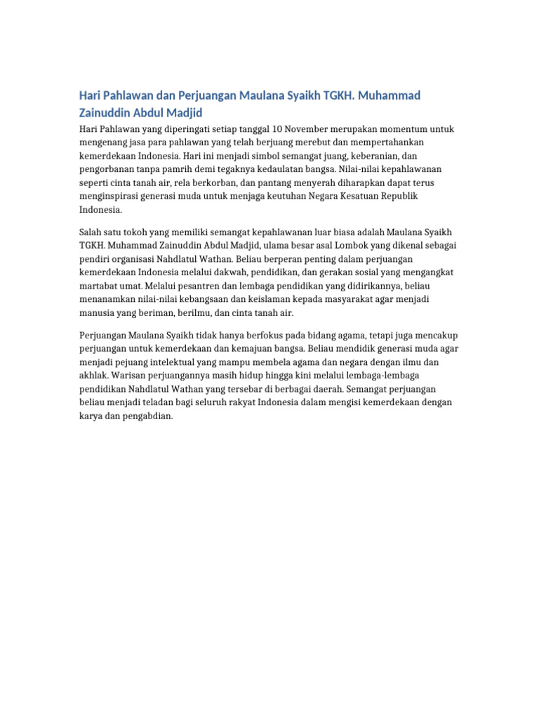 Deskripsi Hari Pahlawan Dan Maulana Syaikh TGKH Muhammad Zainuddin Abdul Madjid | PDF