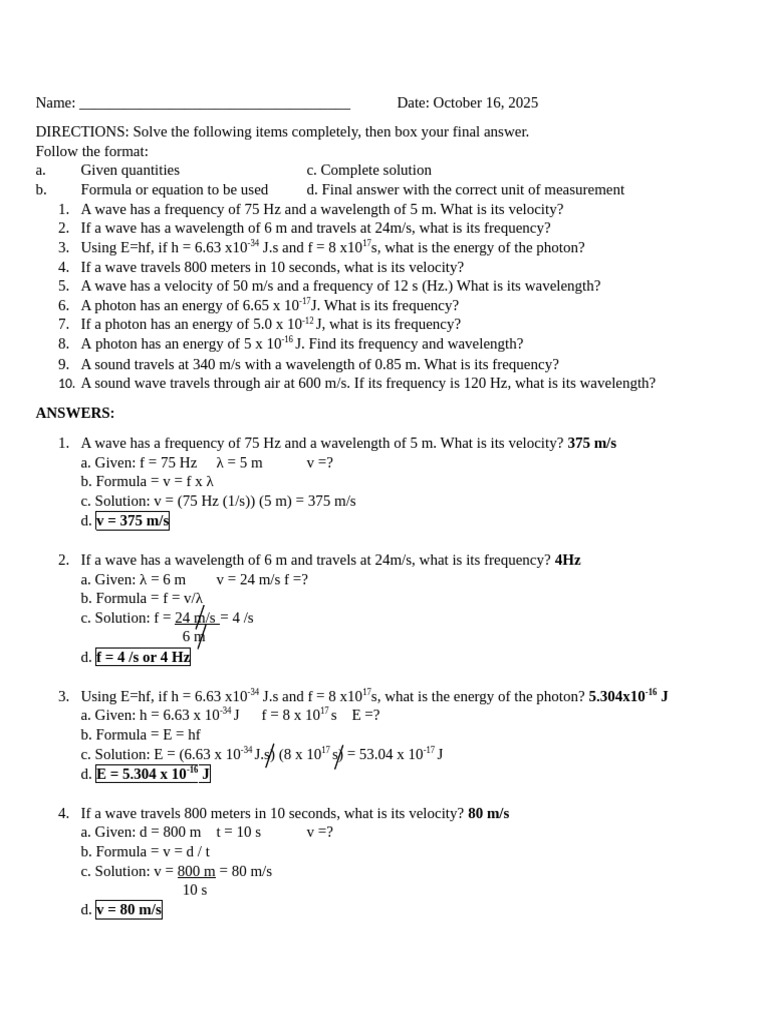 Wave and Photon Calculations Guide | PDF | Frequency | Wavelength