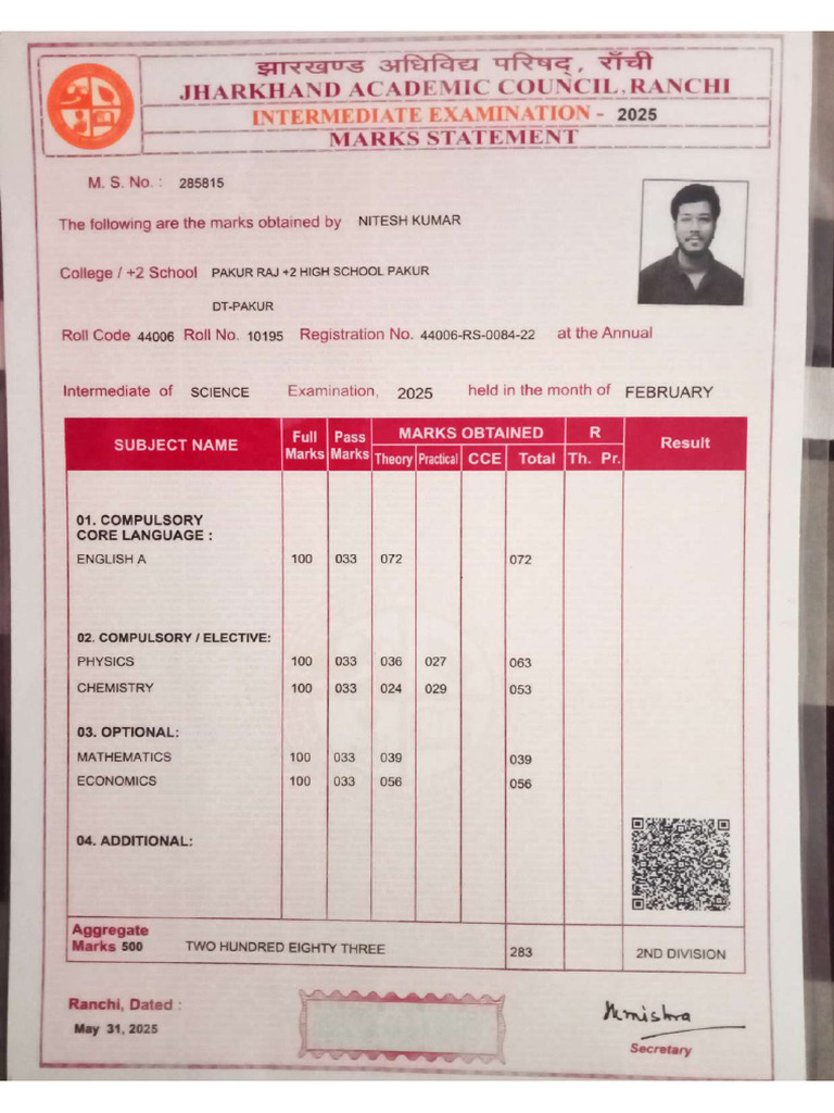 Intermediate Marksheet Compressed | PDF