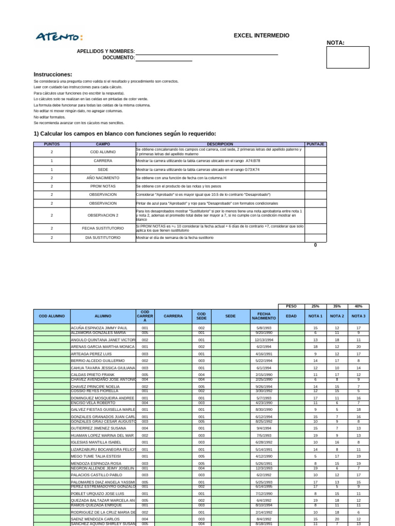 Prueba Excel Intermedio Atento | PDF | Hoja de cálculo | Suites de oficina