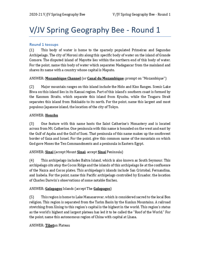 2020-21 V/JV Geography Bee Questions | PDF | Sinai Peninsula | South ...