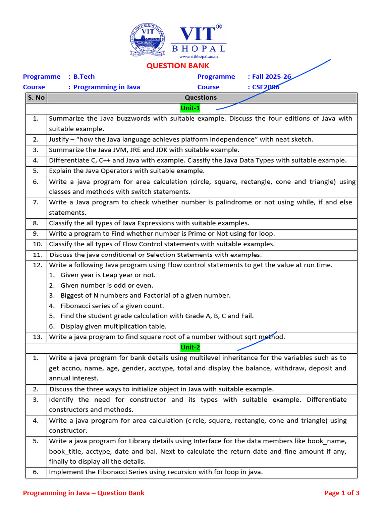 Java - All Units - Qs Bank | PDF | Method (Computer Programming ...