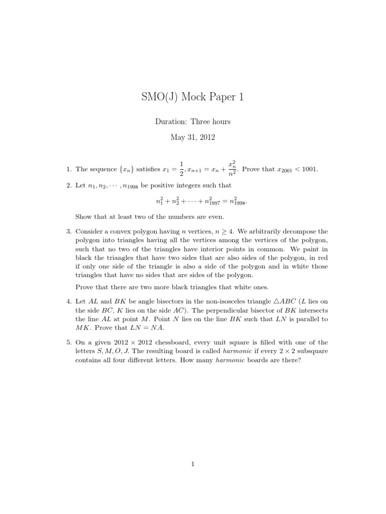 SMO (J) Mock Paper 1 | PDF | Classical Geometry | Triangle