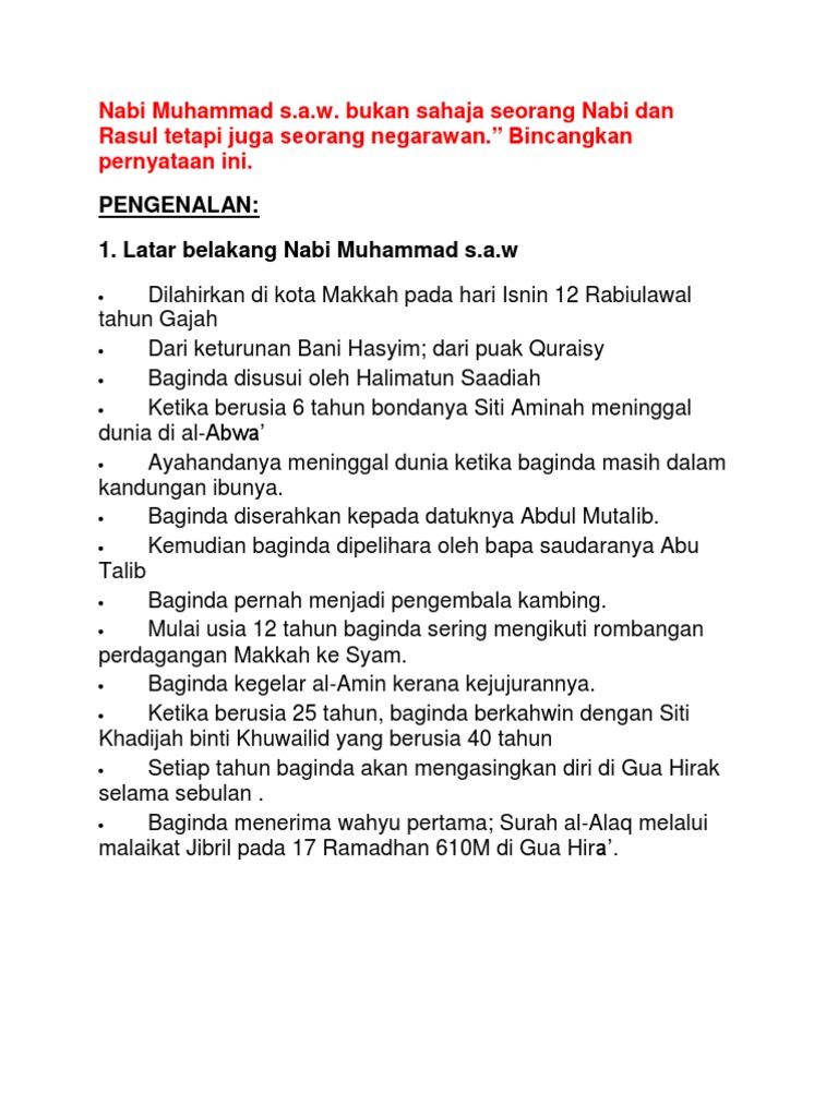 Nabi Muhammad S.A.W. Bukan Sahaja Seorang Nabi Dan Rasul Tetapi Juga Seorang Negarawan | PDF ...