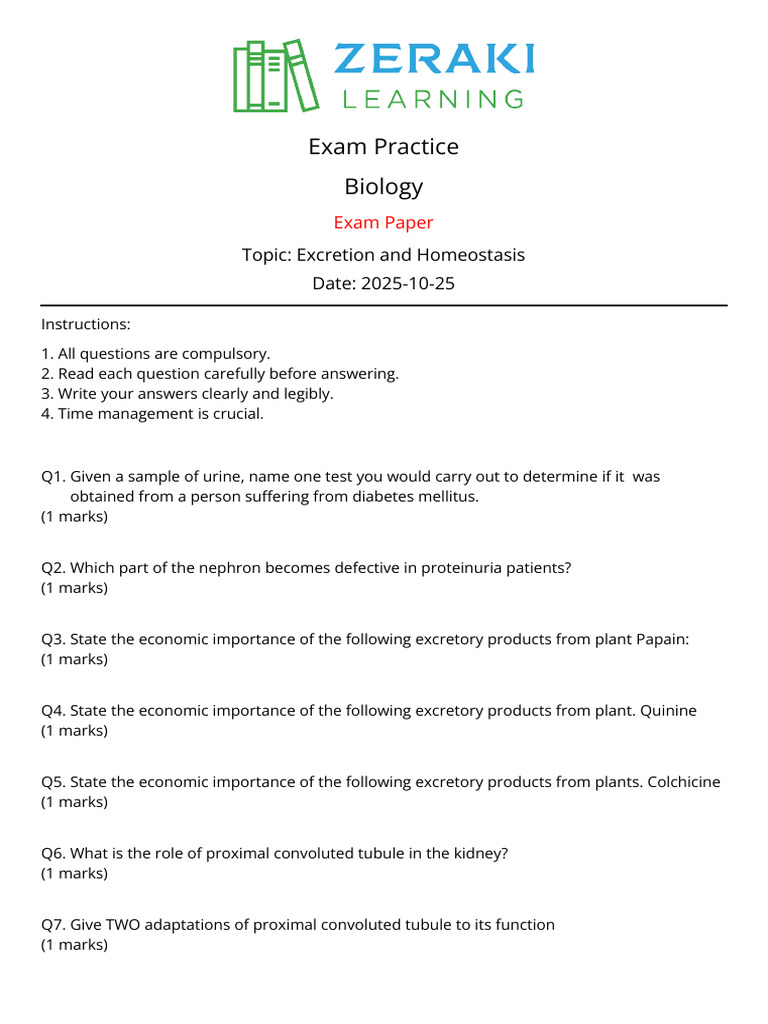 Exam Practice Excretion and Homeostasis | PDF | Excretion | Homeostasis