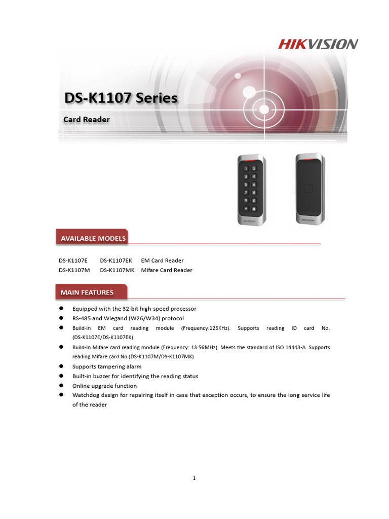Fisa Tehnica Cititor de Proximitate RFID Cu Tastatura Hikvision DS ...