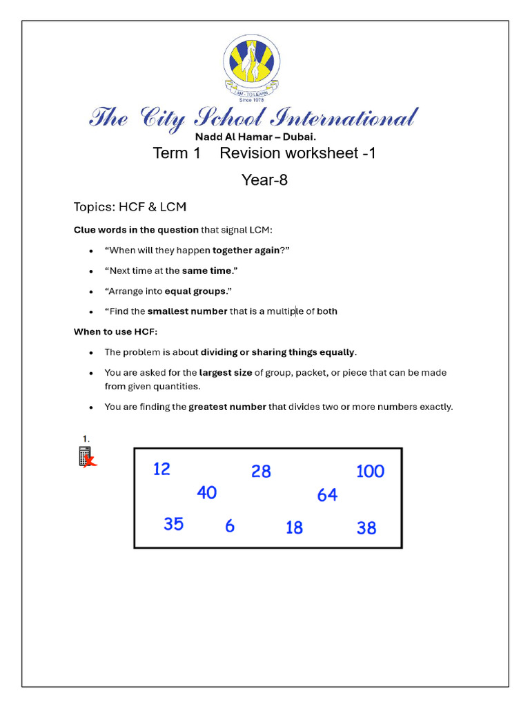 Year 8 HCF Revision Worksheet | PDF