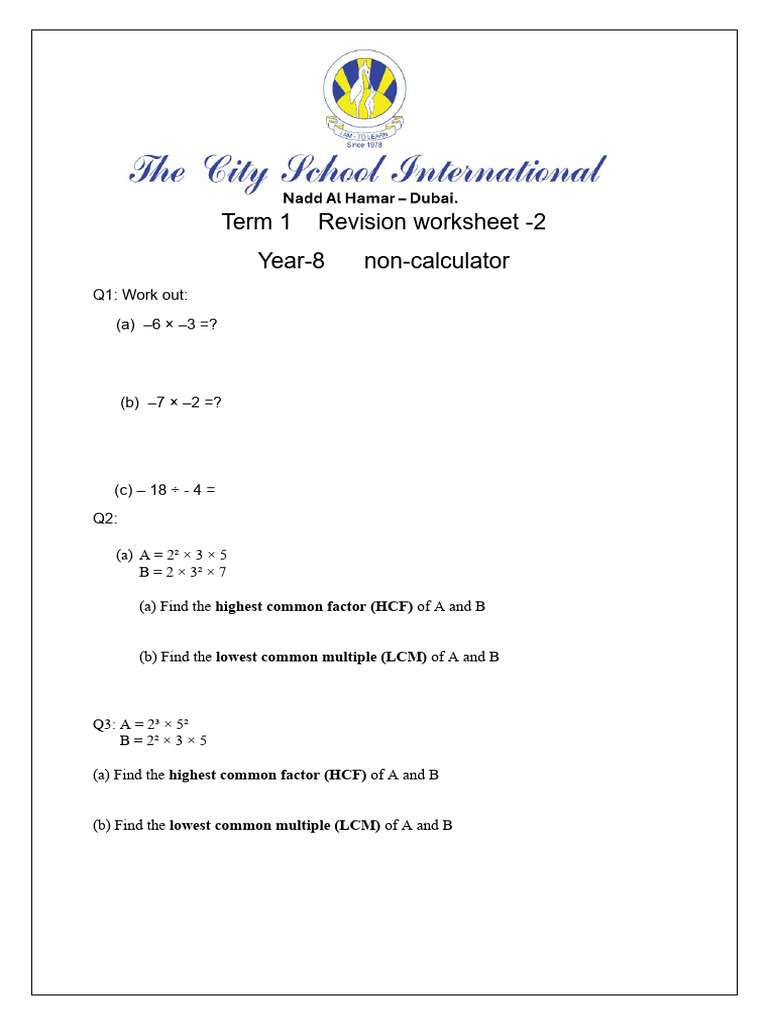 YR8 Math Term1 Revision Worksheet2 | PDF