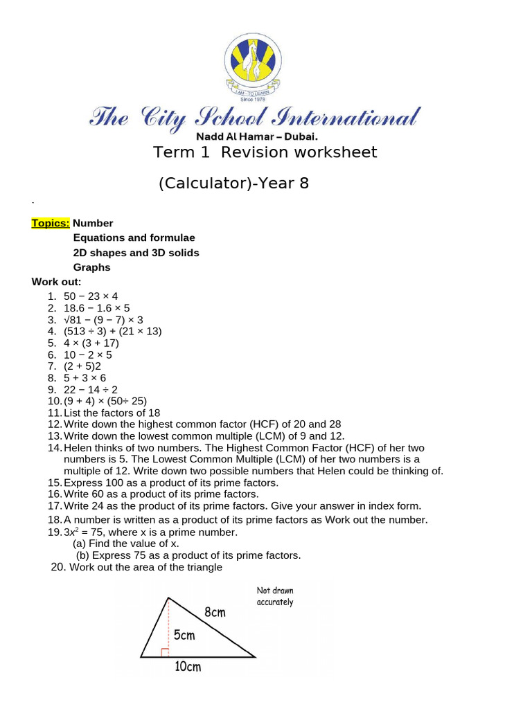 YR8 Math Term1 Revision Worksheet 2 (Calculator) | PDF | Area | Number ...