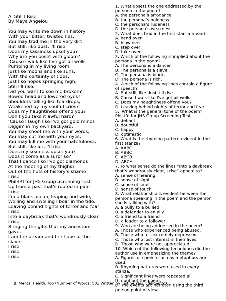 Maya Angelou's "Still I Rise" Analysis | PDF | Mental Disorder | Athena