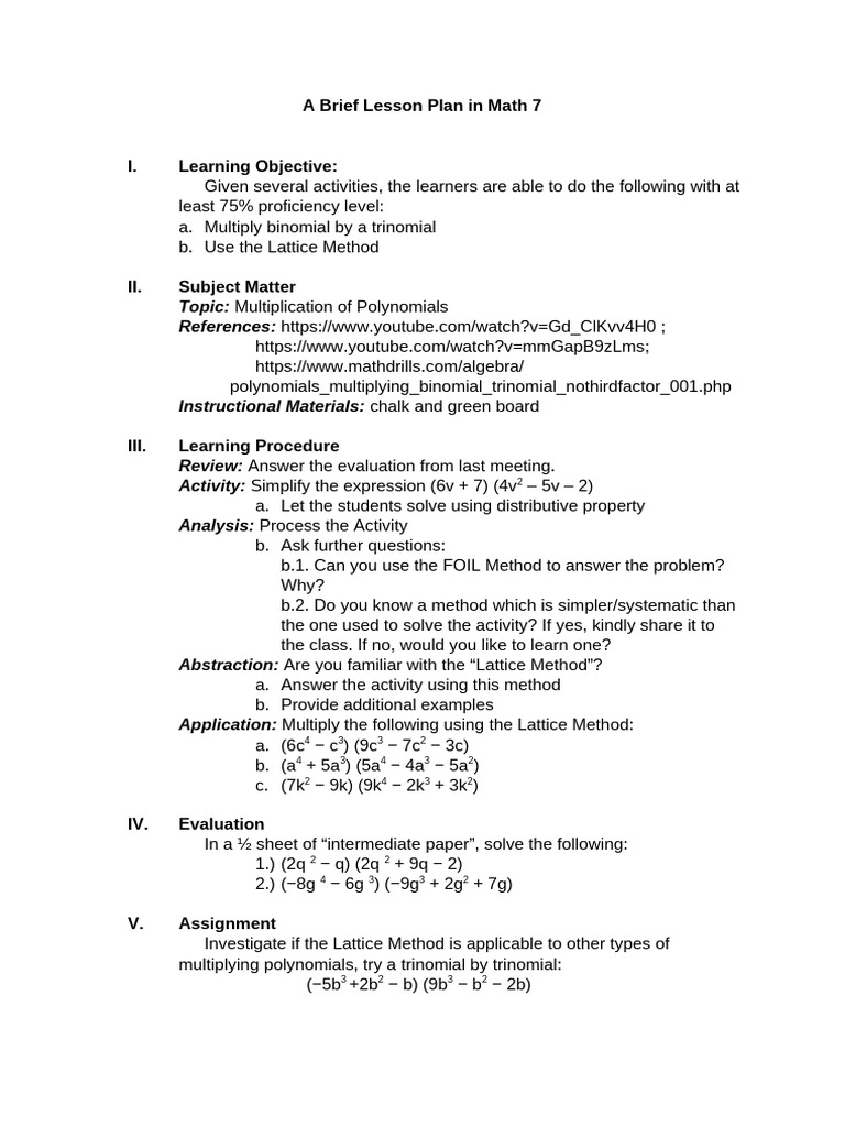 A Brief Lesson Plan in Math 7 | PDF