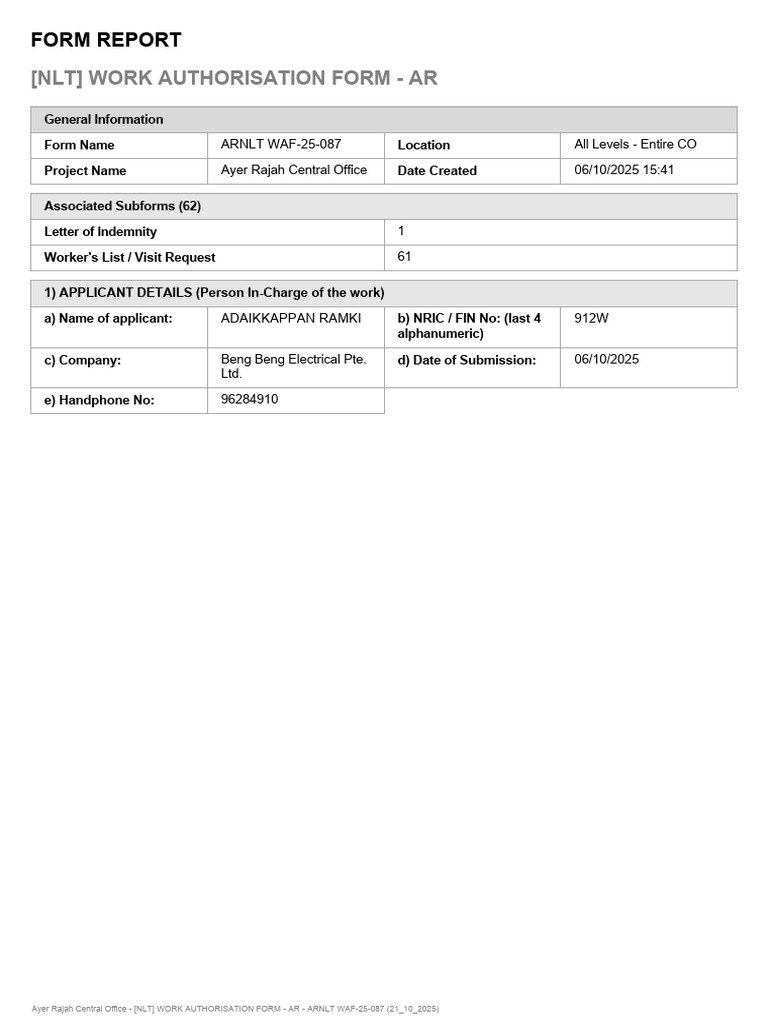Ayer Rajah Central Office - [Nlt] Work Authorisation Form - Ar - Arnlt ...
