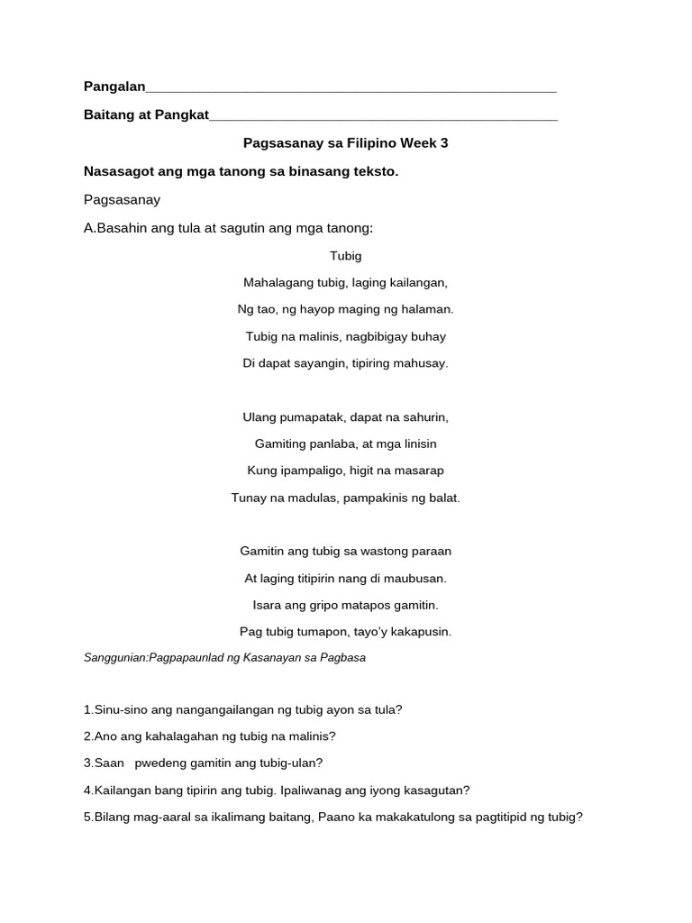 Pagsasanay Filipino Week 3 | PDF