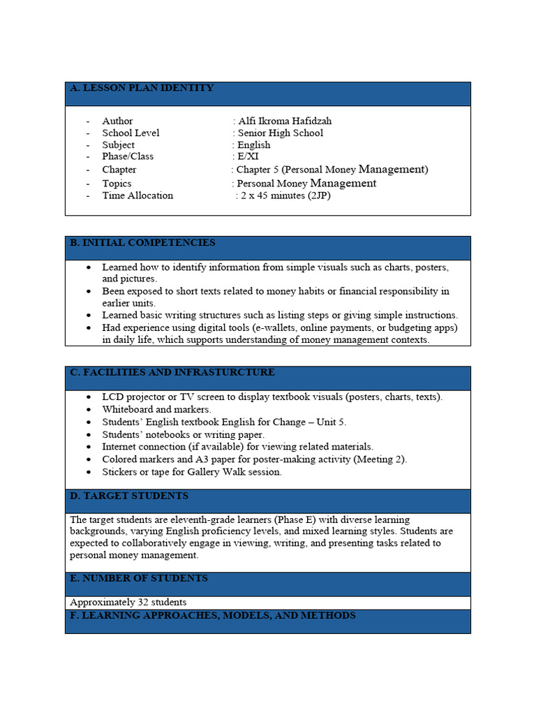 Personal Money Management Lesson Plan | PDF | Learning | Communication