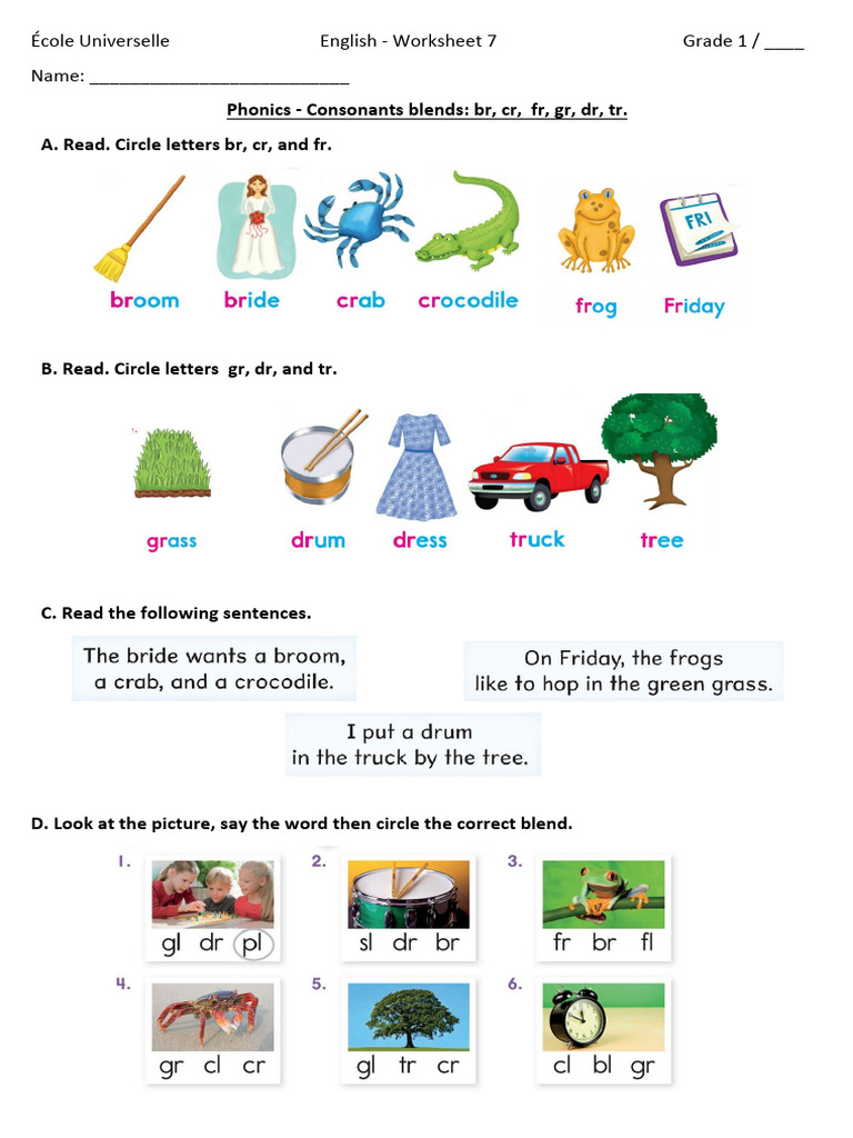 Grade 1 Worksheet 7 (Phonics Consonants Blends BR, CR, FR, GR, DR, TR ...