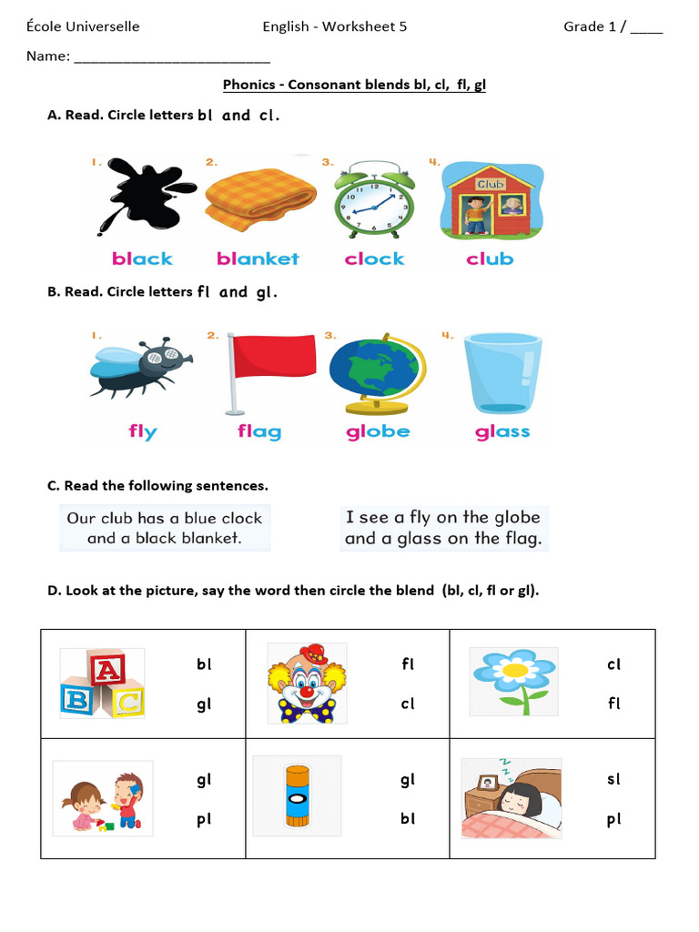 Grade 1 Phonics: Consonant Blends Worksheet | PDF