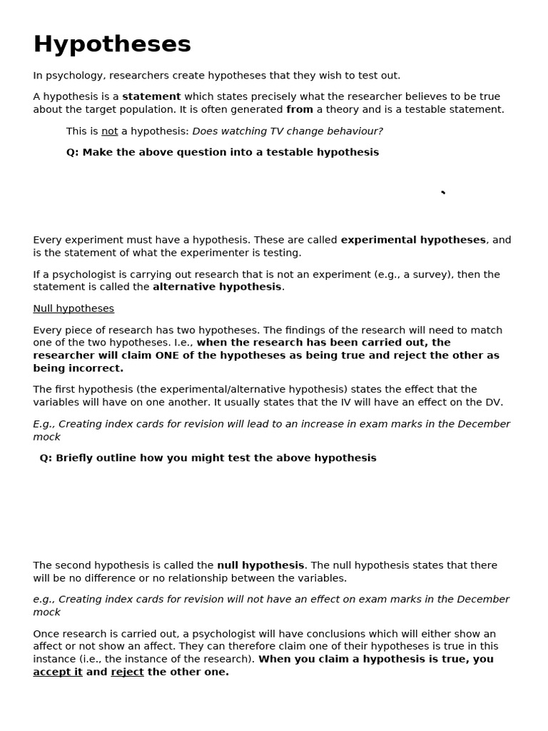 Hypotheses Worksheet | PDF | Hypothesis | Null Hypothesis