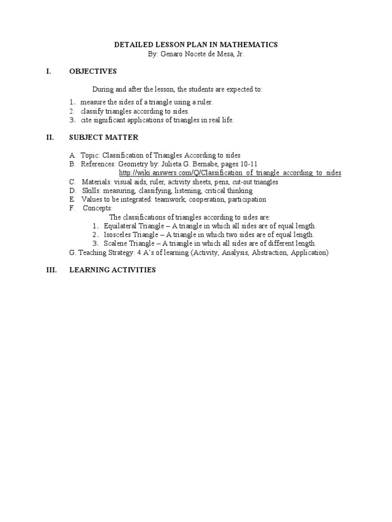 Detailed Lesson Plan in Mathematics | PDF | Triangle | Learning