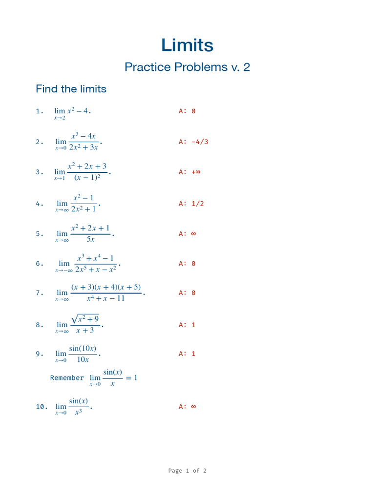 Limits - Exercises - Answers | PDF