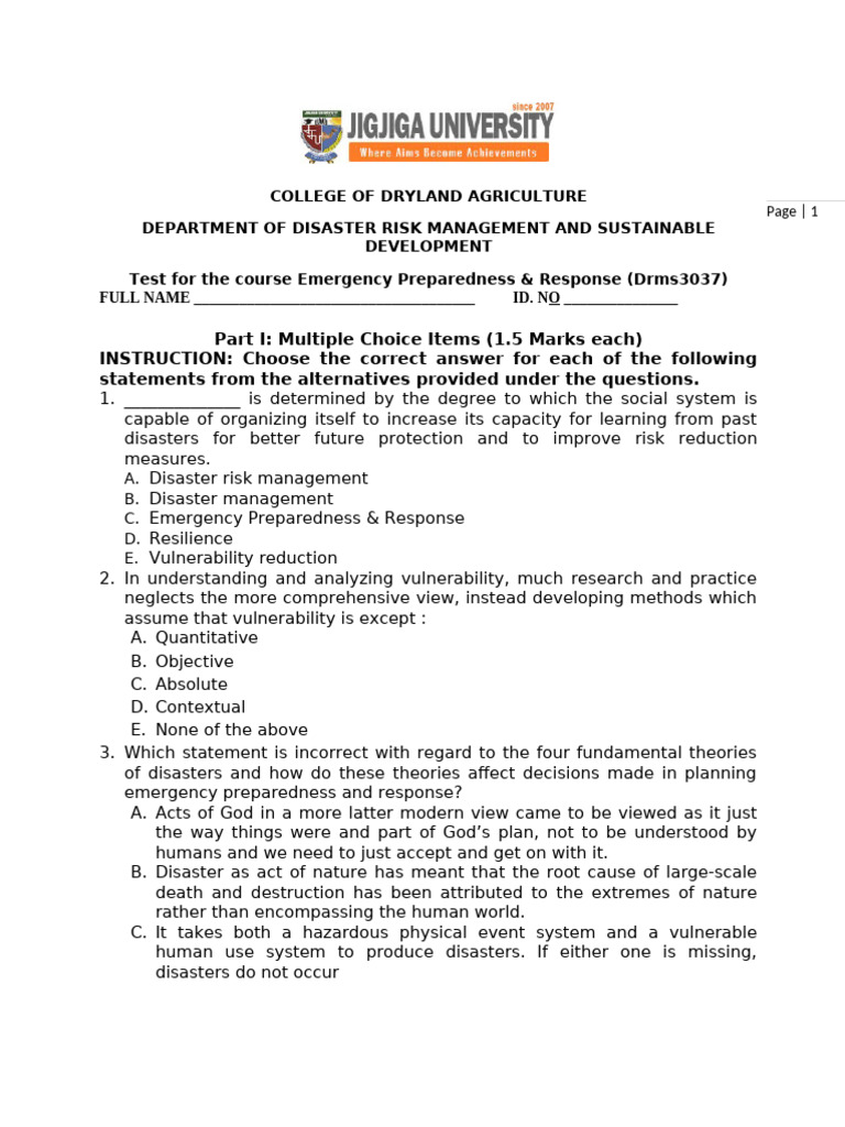Test For Emergenct Preparedness and Response | PDF | Disaster Risk ...