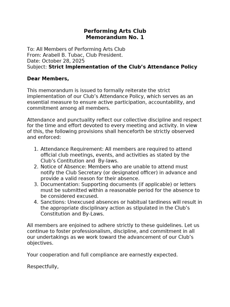 Attendance Policy for Club Members | PDF